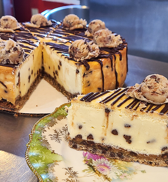 Cookie dough cheesecake that answers the age-old question: "Why choose between cookies and cheesecake when you can have both?" Those little dough balls on top are like delicious exclamation points.