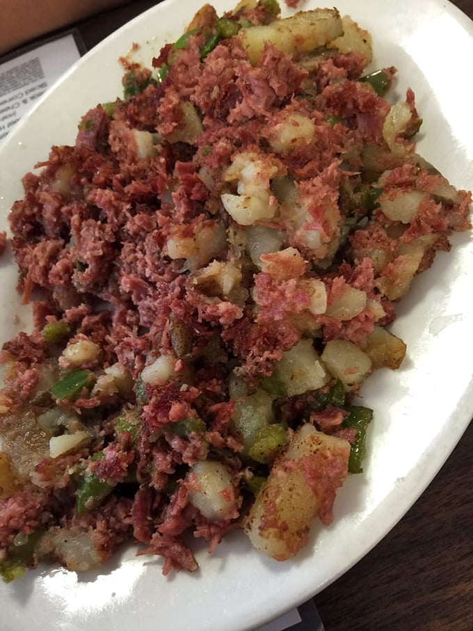 The star of the show: corned beef hash that's chunky, crispy-edged, and studded with perfectly diced potatoes. This isn't from a can, folks.