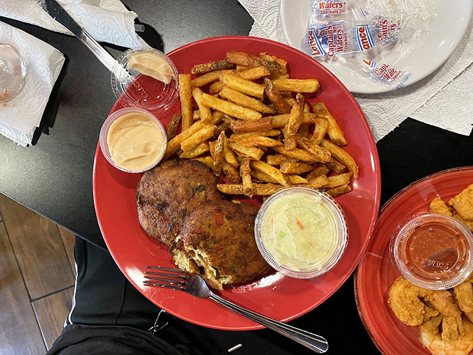 Crab cakes and fries &ndash; the seafood equivalent of comfort food. Golden, crispy, and substantial enough to make Maryland natives nod in approval.