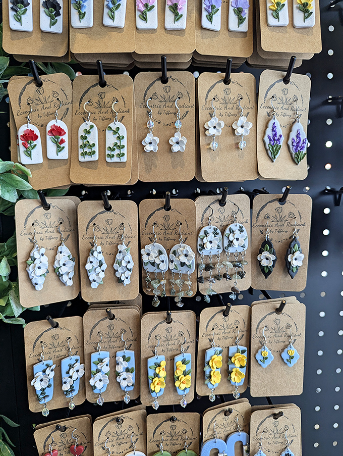 Handcrafted floral earrings displayed like tiny works of art - because accessories shouldn't cost more than groceries.