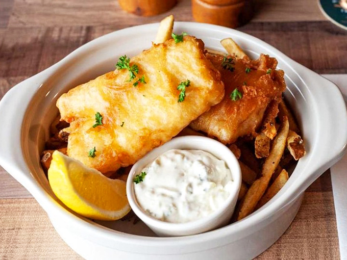 Fish and chips that would make a Dubliner homesick&mdash;golden-battered cod with a crunch you can hear across the room.