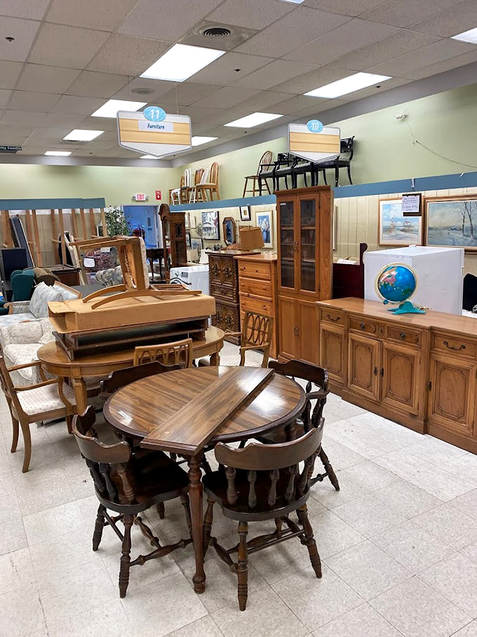 Mid-century meets country charm in the furniture section. That round wooden table has hosted countless family dinners and is ready for yours.