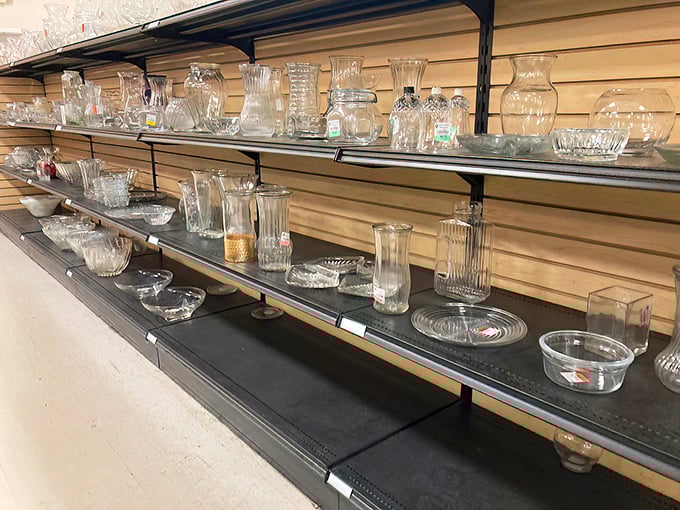 Crystal clear opportunities line these shelves. Vintage glassware that would make your grandmother nod in approval awaits new dinner parties.
