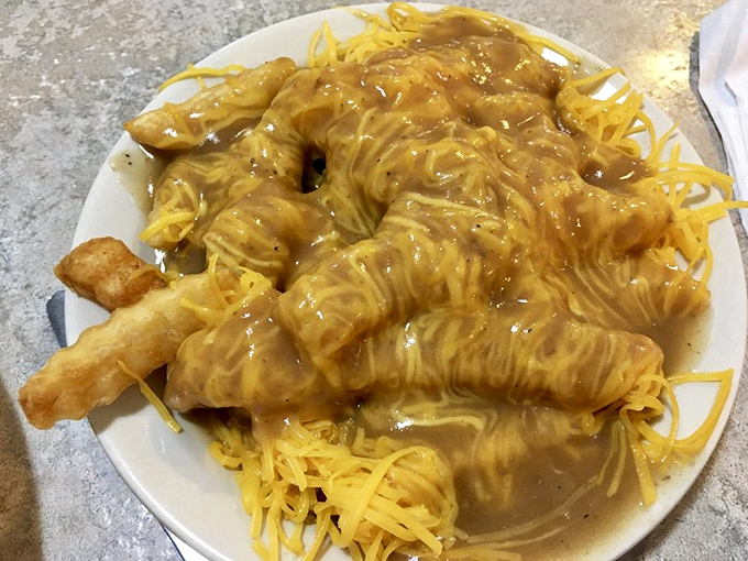 Gravy cheese fries: where comfort food engineering reaches its highest form. The structural integrity alone deserves a Nobel Prize.