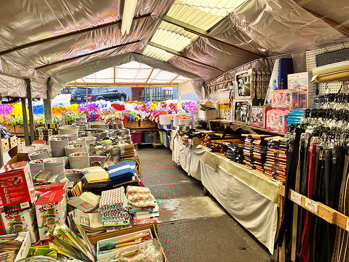 Kitchen dreams are made of this&mdash;cookware, linens, and home goods stacked to the ceiling in this covered vendor space.