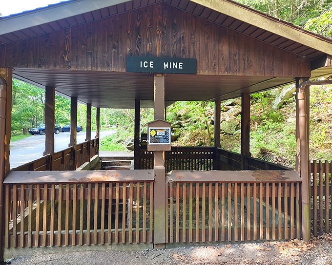 The Ice Mine entrance stands like a wooden sentinel guarding one of nature's most puzzling phenomena&mdash;a place where summer means ice and winter means melt. Science is weird, folks.