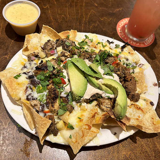 Jerk chicken nachos that make you wonder why you've wasted years eating lesser versions. The cheese pull alone deserves its own area code.