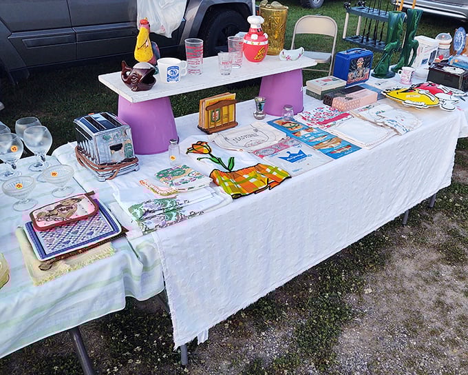 Vintage linens and kitchenware that whisper stories of Sunday dinners past. That pink cake stand is calling your name!