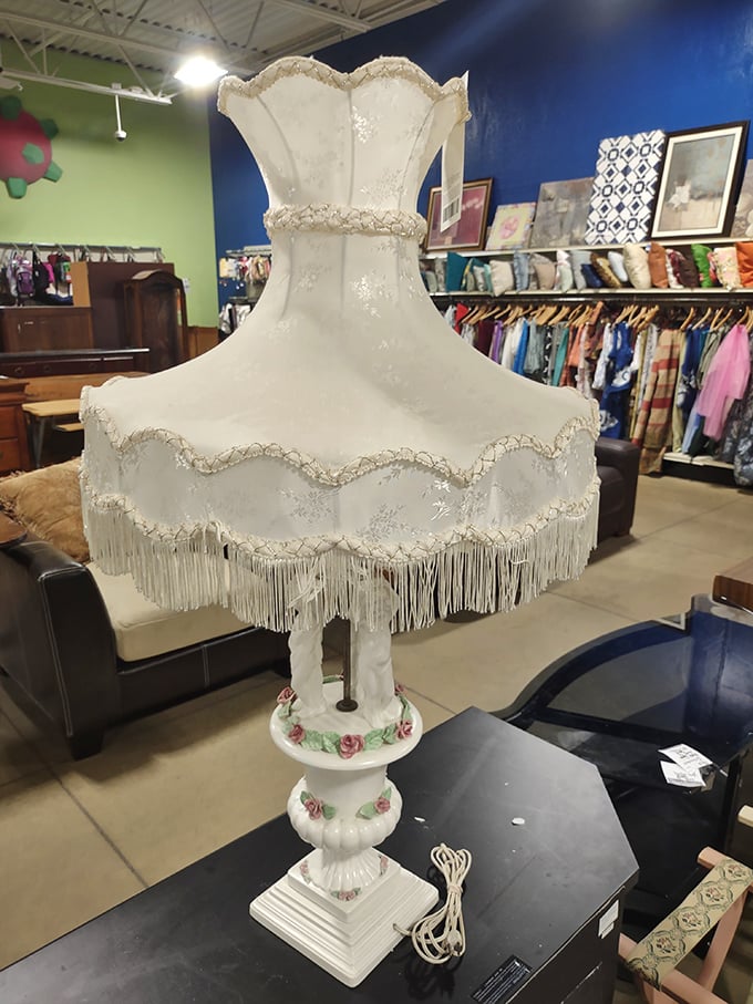 Vintage glamour lives on in this fringed lampshade beauty. Someone's grandmother's prized possession becomes your conversation starter.