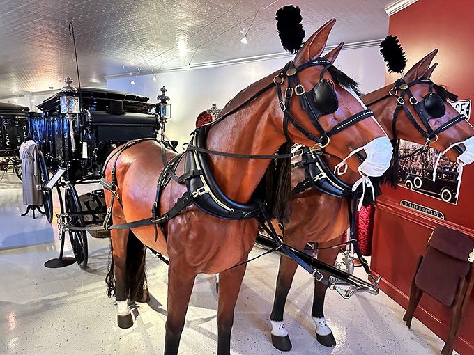These life-sized model horses stand forever ready to pull their solemn cargo&mdash;the equine equivalent of being frozen in time without the hay bills.
