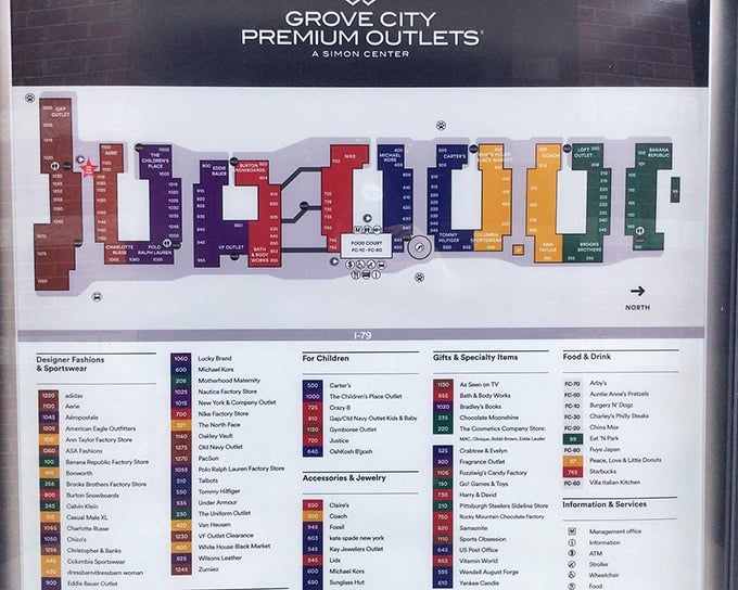 The color-coded mall directory: part treasure map, part strategic battle plan for conquering 120+ stores without developing shin splints.