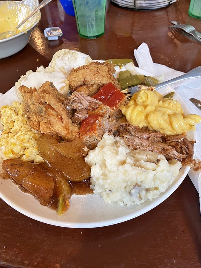 A plate loaded with Southern classics that would make your grandmother both proud and jealous. Diet plans come here to die gloriously.