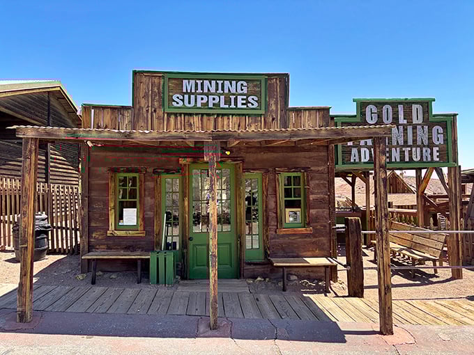 Need mining supplies? This weathered storefront offers everything a modern-day adventurer needs, minus the actual silver-finding guarantees.