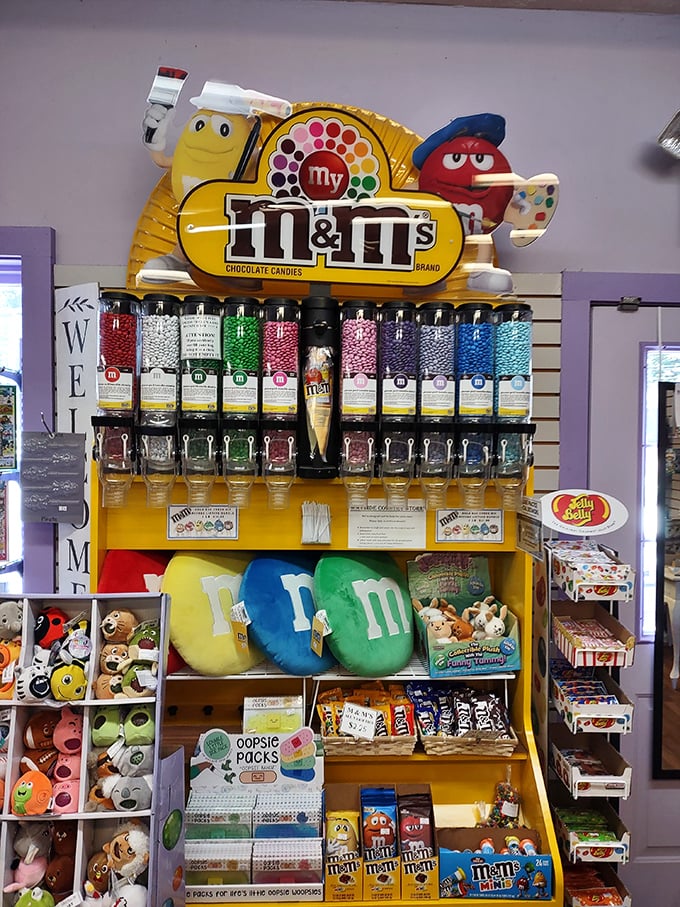 The M&M's display isn't just colorful&mdash;it's practically a shrine to chocolate-coated happiness. Those plush M&M characters have seen some things.