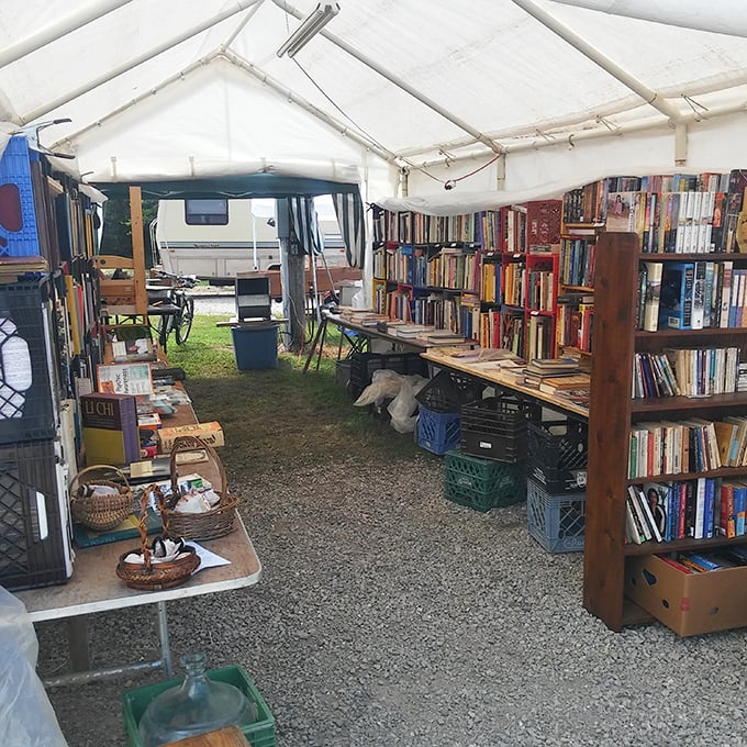 A bibliophile's dream tent where shelves groan under literary treasures. That out-of-print cookbook your grandmother once owned? Start your search here.