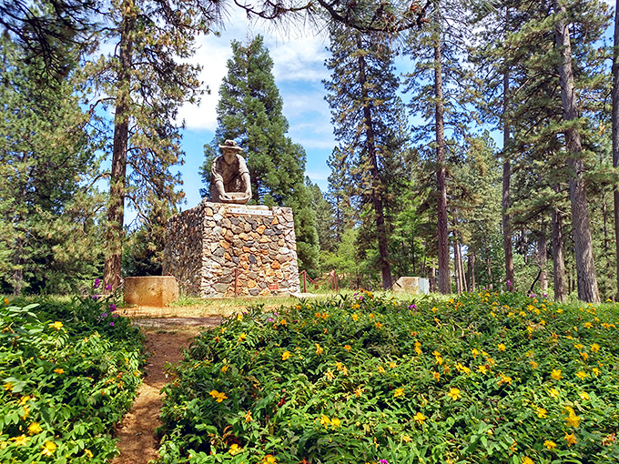 Nature's tribute to the gold miners: wildflowers frame this monument like Mother Earth saying, "I've forgiven you for all that digging."