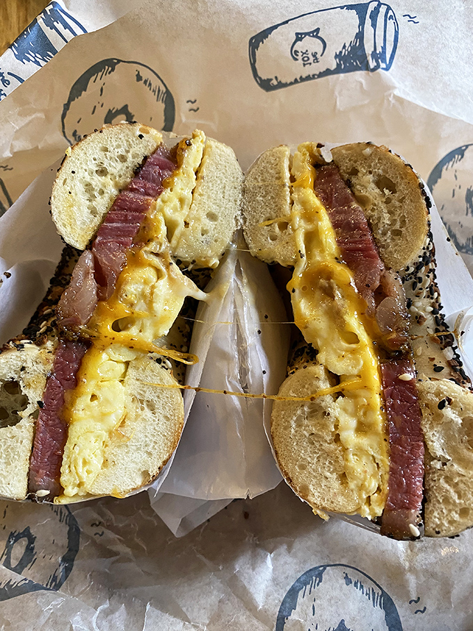 The pastrami egg and cheese bagel—where New York deli tradition meets Columbus innovation. This isn't a sandwich; it's a religious experience.