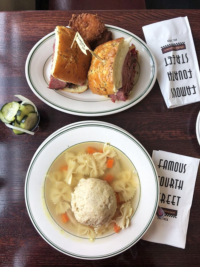 The dynamic duo of deli perfection: a sandwich that requires a jaw unhinging and matzo ball soup with dumplings so fluffy they practically float.