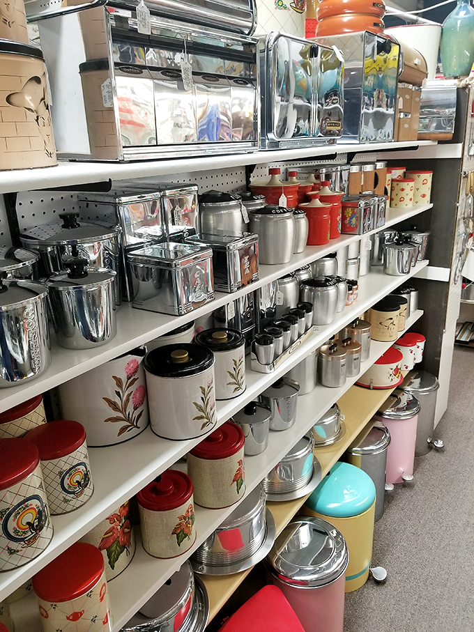 Chrome canisters and floral-patterned tins line the shelves like soldiers of domesticity, each one holding memories of kitchens past.