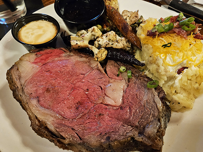Prime rib that's more perfectly pink than a sunset over the Cascades, paired with a loaded potato that's practically a meal unto itself. 