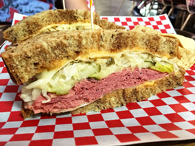 Layer upon glorious layer &ndash; corned beef, sauerkraut, Swiss cheese, and Russian dressing create a sandwich architecture that would make Frank Lloyd Wright weep with joy.