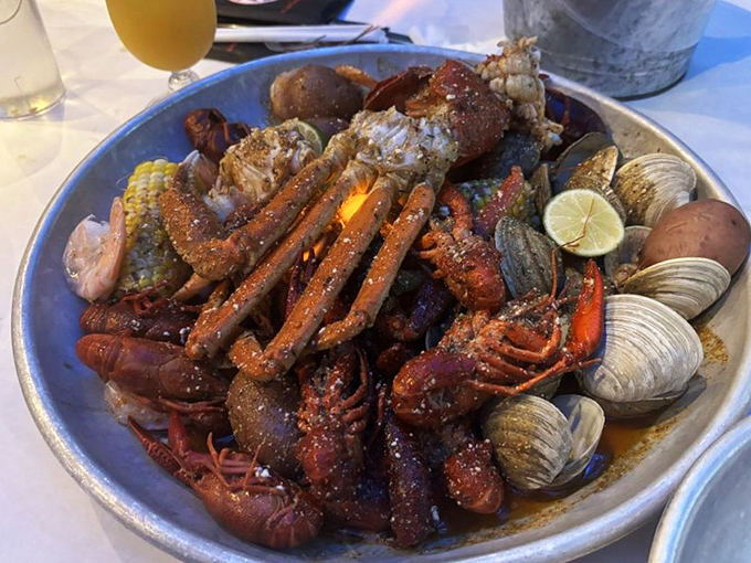 The ultimate seafood medley&mdash;where crawfish, crab legs, clams, and corn coexist in spicy harmony like a delicious underwater United Nations.
