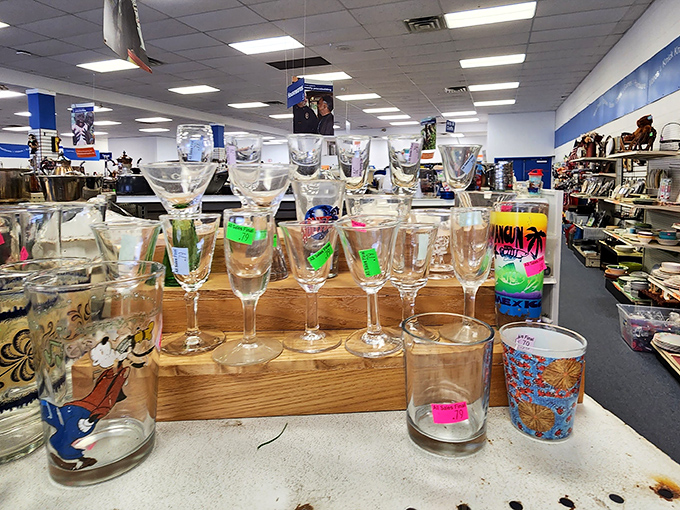 Wine glasses lined up like hopeful contestants at an audition, each one ready to elevate your Two-Buck Chuck to sommelier status.