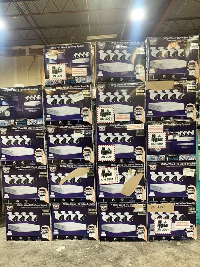 Security camera systems stacked to the ceiling&mdash;because apparently even bargain hunters need to protect their newfound treasures!