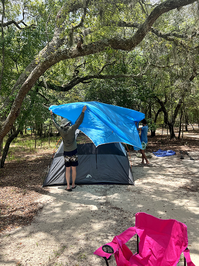 Camping 101: When the tarp gives you more trouble than your mortgage paperwork, but the payoff is infinitely more satisfying.