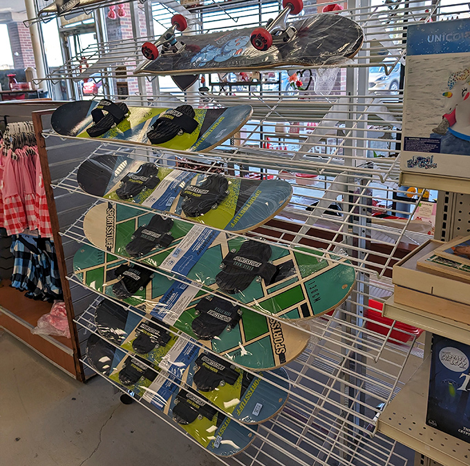 Skateboards lined up like soldiers awaiting deployment. Tony Hawk's retirement plan might just be hiding on these shelves.