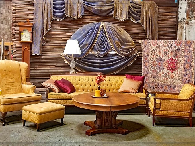 A living room tableau that screams "royal family meets eccentric aunt"&mdash;that mustard yellow tufted sofa could be the conversation piece your home never knew it needed.