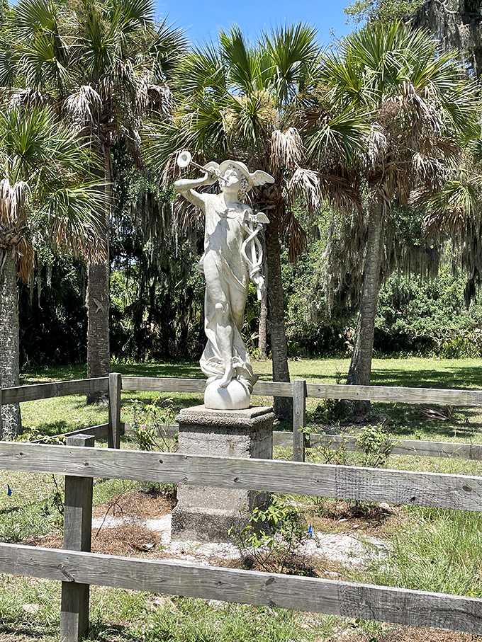 Even in decay, beauty persists. This classical statue stands as a silent witness to changing fortunes, surrounded by swaying palms and coastal breezes.