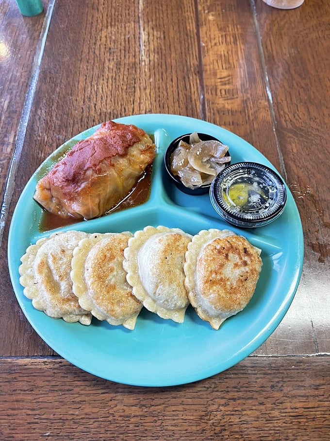 Not just pierogies! This azure plate showcases the perfect marriage of stuffed cabbage and those hand-pinched dumplings that brought you here in the first place.