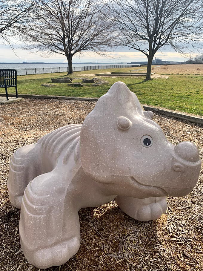 Meet the park's most patient resident&mdash;a stone triceratops who's weathered countless seasons and never complained about the view.