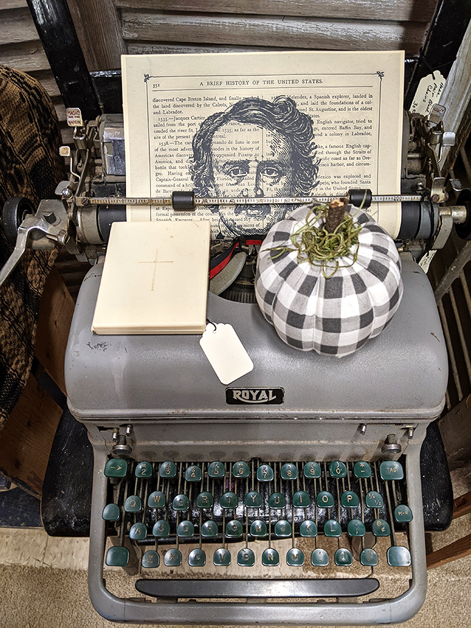 A Royal typewriter displays literary ambitions with Edgar Allan Poe keeping watch. Even the checkered pumpkin seems to be plotting its next great American novel.