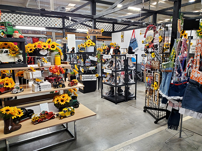 Sunflowers and nostalgia share shelf space in this home d&eacute;cor wonderland. One person's "country chic" is another's "exactly what my living room needs!"