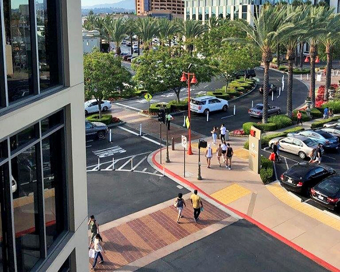 A bird's eye view of the shopping battlefield, where palm-lined pathways guide visitors between their cars and coveted bargains.
