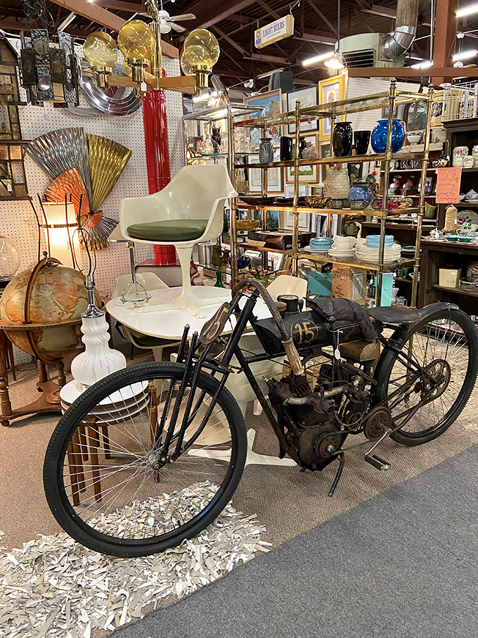 This vintage motorcycle isn't just transportation—it's industrial sculpture with stories of open roads and simpler times built into every gear.