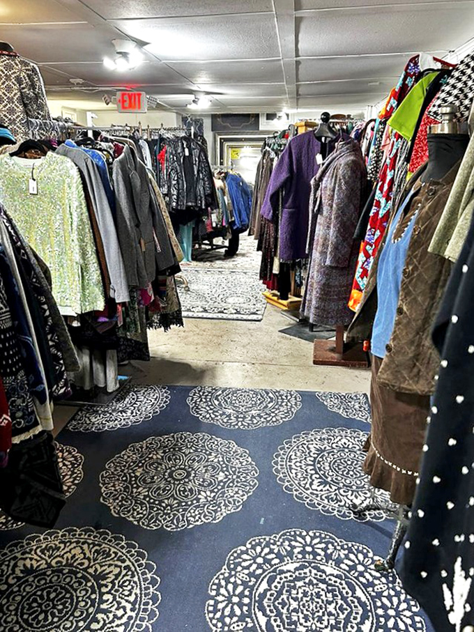 The vintage clothing section is like a time machine with hangers – each piece waiting for its second act in a contemporary wardrobe.