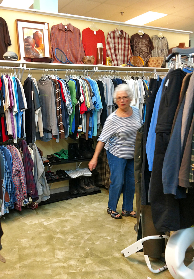 The clothing section offers everything from everyday basics to occasional designer finds, organized by size for easier treasure hunting.
