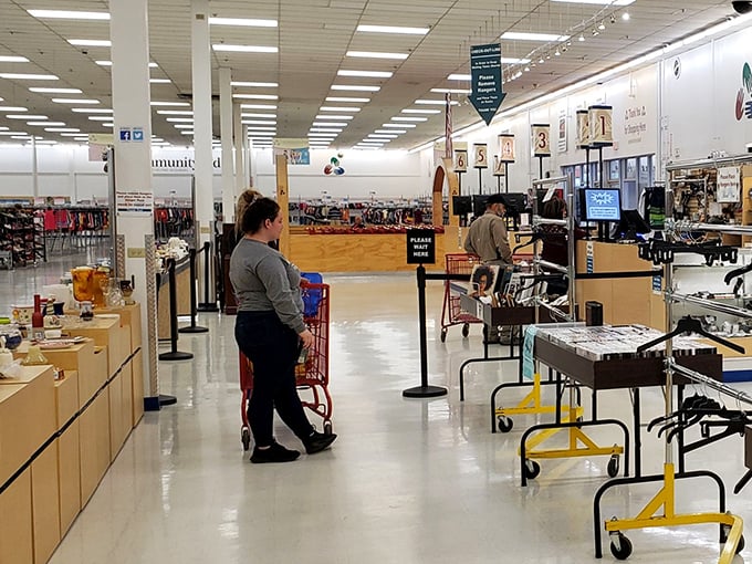 Wide, clean aisles and clear signage make navigating this massive space a pleasure rather than the usual thrift store treasure hunt obstacle course.