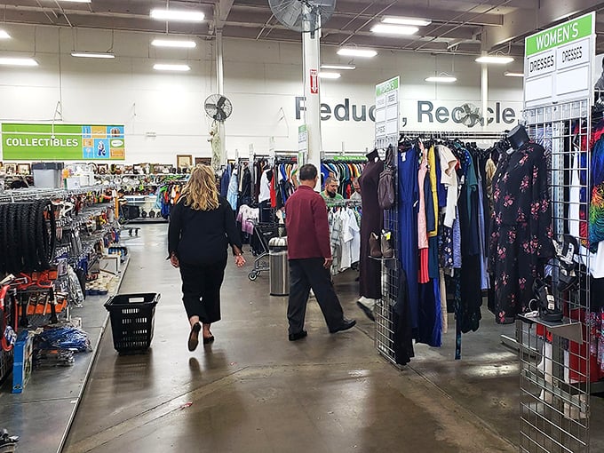 Fellow treasure hunters navigate the aisles like seasoned explorers mapping uncharted territory filled with secondhand gold.