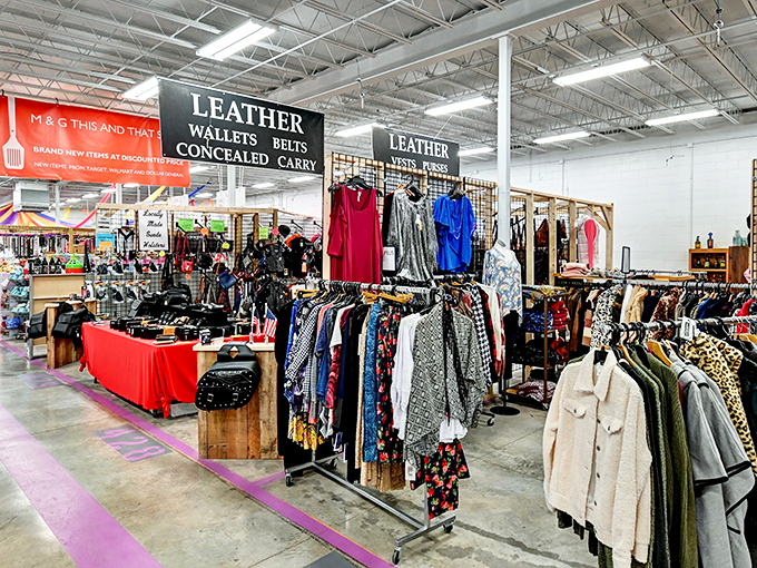 The clothing section blends modern styles with timeless sensibilities, proving that fashion finds can appear in the most unexpected places.