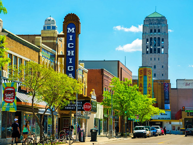 Ann Arbor's iconic Michigan Theater marquee anchors a downtown where culture and affordability happily coexist.