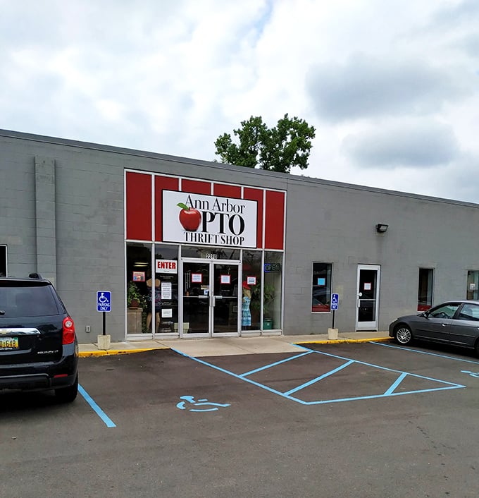 The Ann Arbor PTO Thrift Shop's apple logo hints at educational treasures within. School spirit meets bargain hunting!