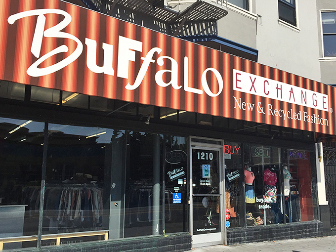Buffalo Exchange's striped awning adds a carnival-like flair to Valencia Street's fashion-forward thrifting scene.