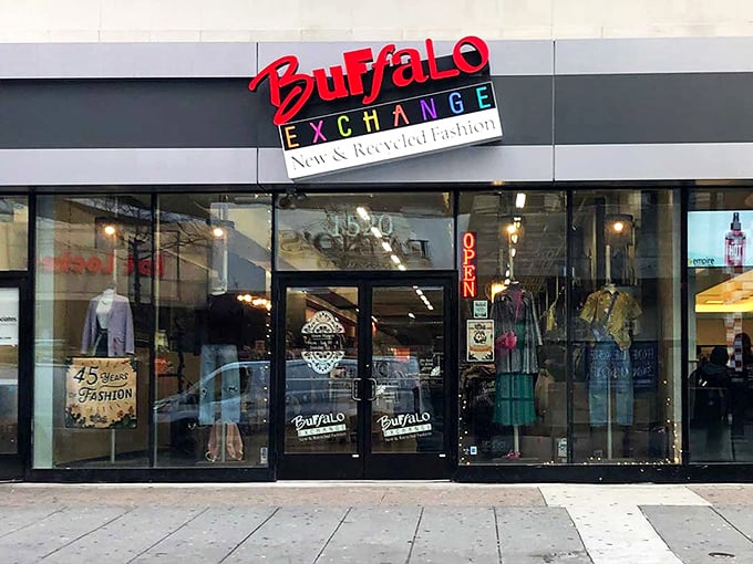 Buffalo Exchange's glowing storefront beckons night owls with the promise of fashion finds that won't require a second mortgage. 