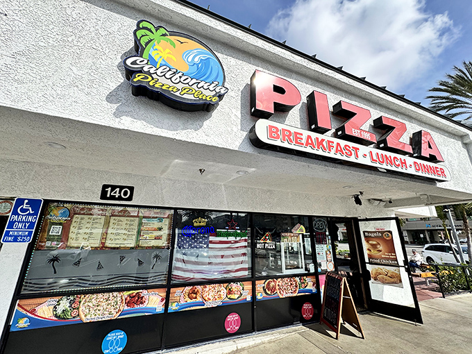 California Pizza Place boldly advertises "BREAKFAST-LUNCH-DINNER" because pizza is appropriate at any hour. Finally, someone gets it!