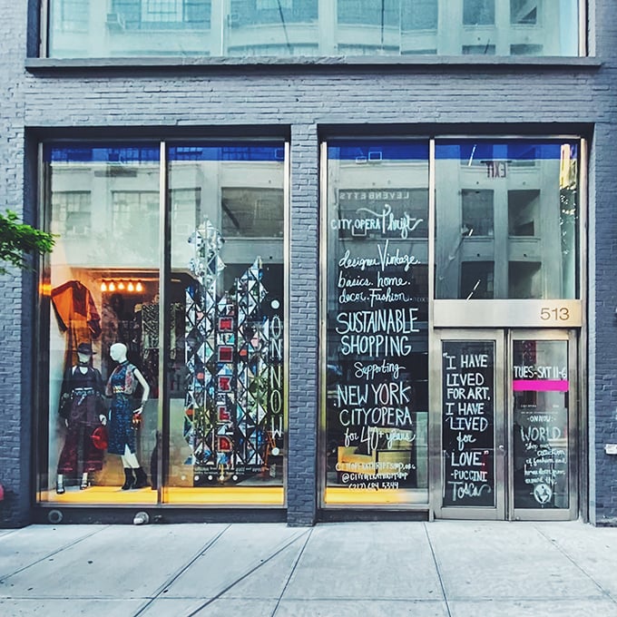 City Opera's window display showcases sustainable shopping with theatrical flair. The best kind of encore!