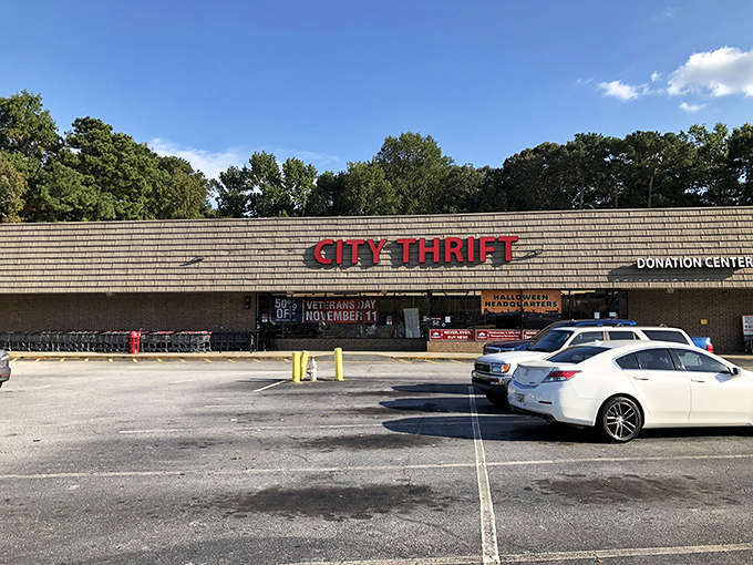City Thrift's sign stands tall against Georgia's blue skies, promising adventures in secondhand shopping that could fill an entire afternoon.
